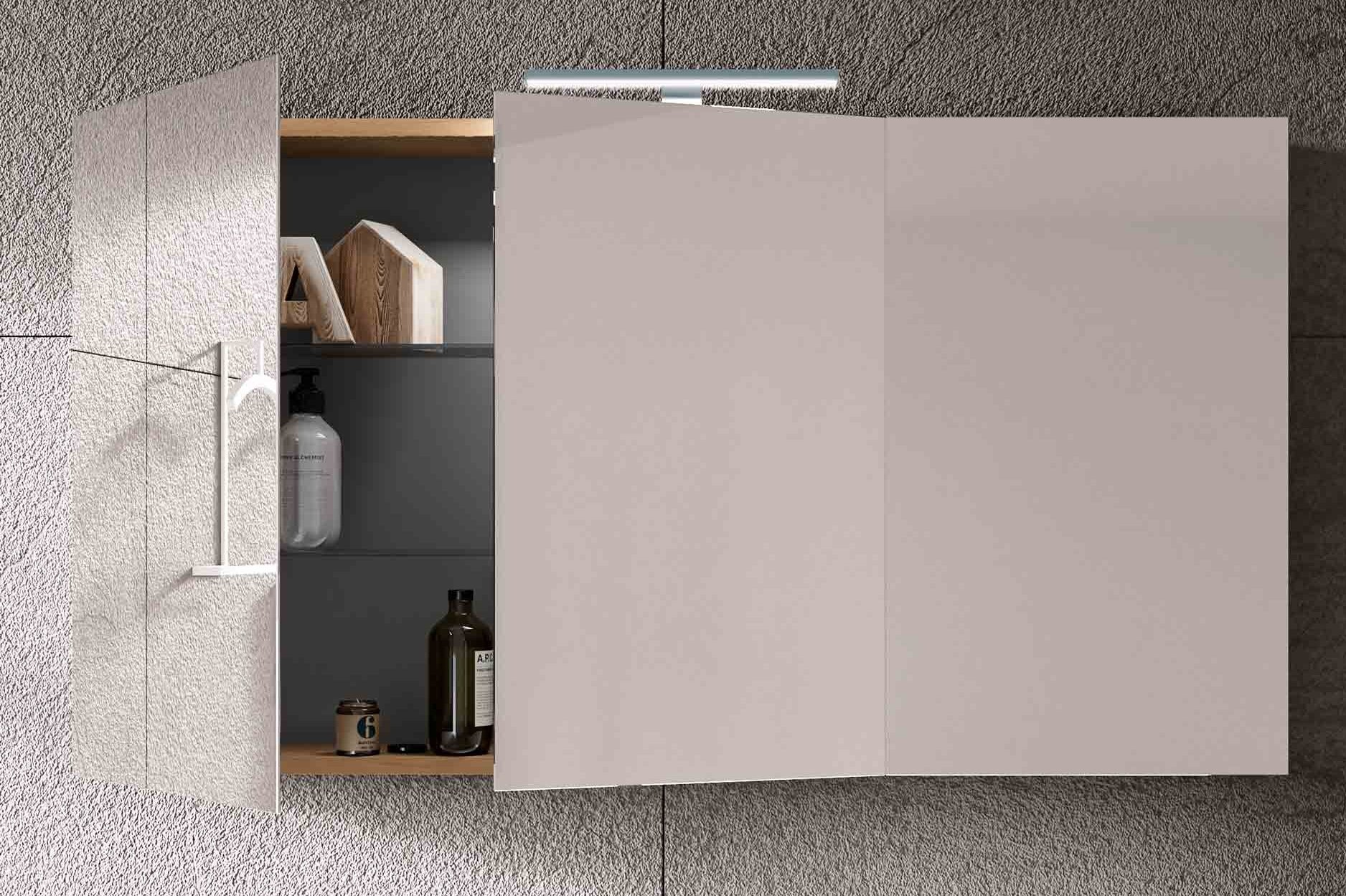 Sehr breiter und flacher Keramik-Waschtisch mit Unterschrank und Spiegelschrank